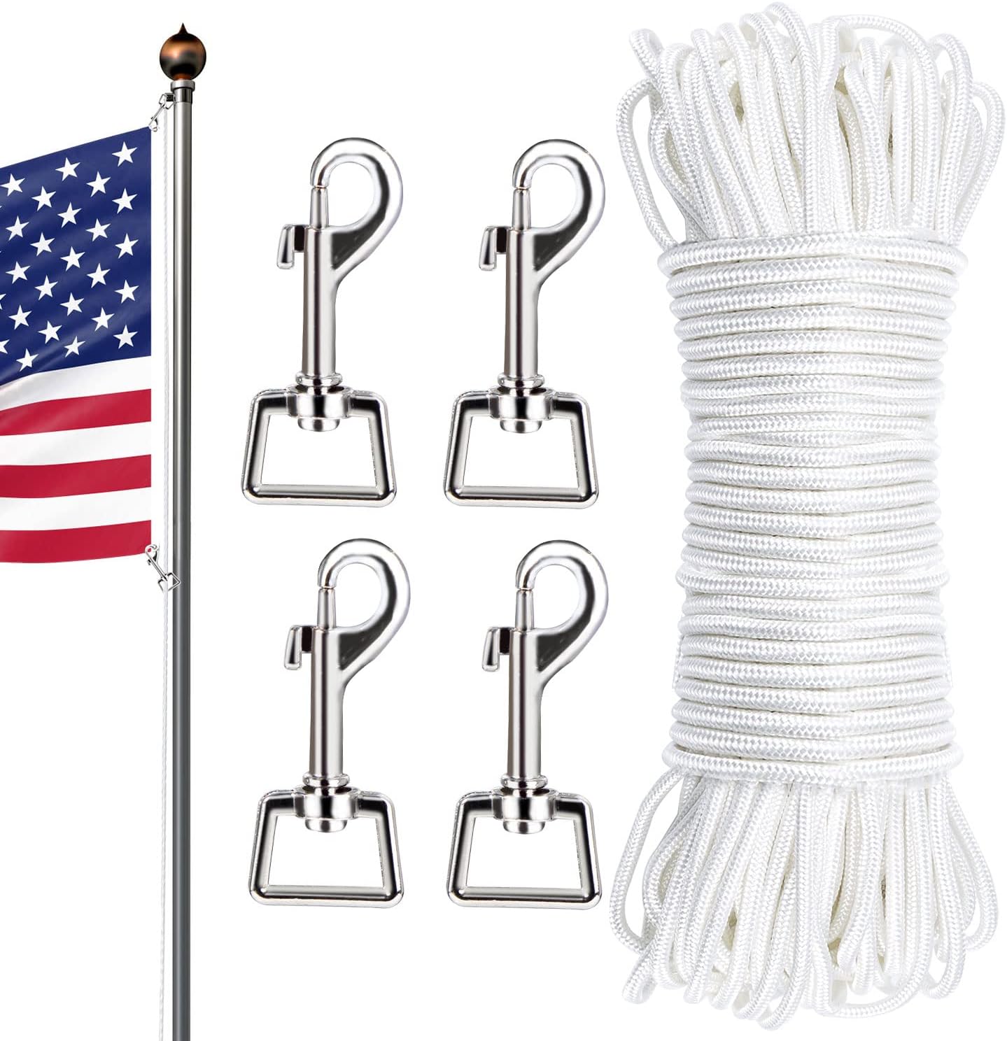 Amazon.com : Huouo 50 FT Flagpole Halyard Rope + 2 Pcs 3.5" Flag Swivel ...