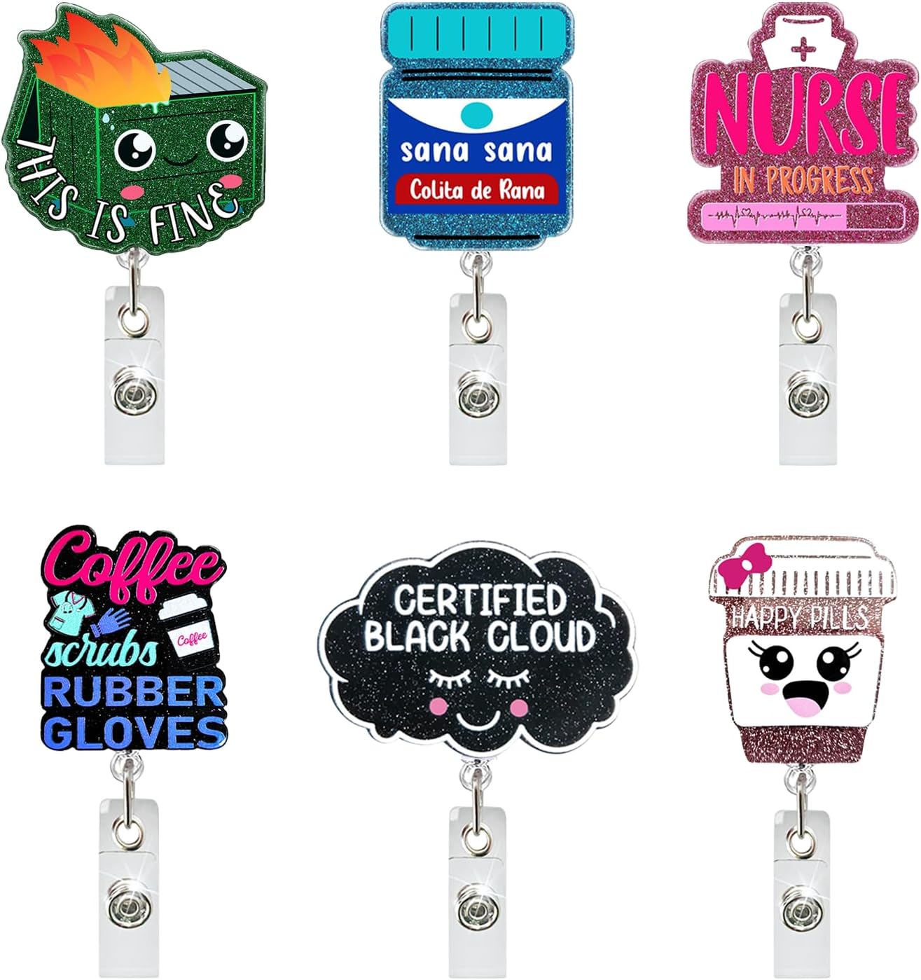 Amazon.com : Misuu 6 Pcs Funny Badge Reel Retractable, Acrylic Cute ...