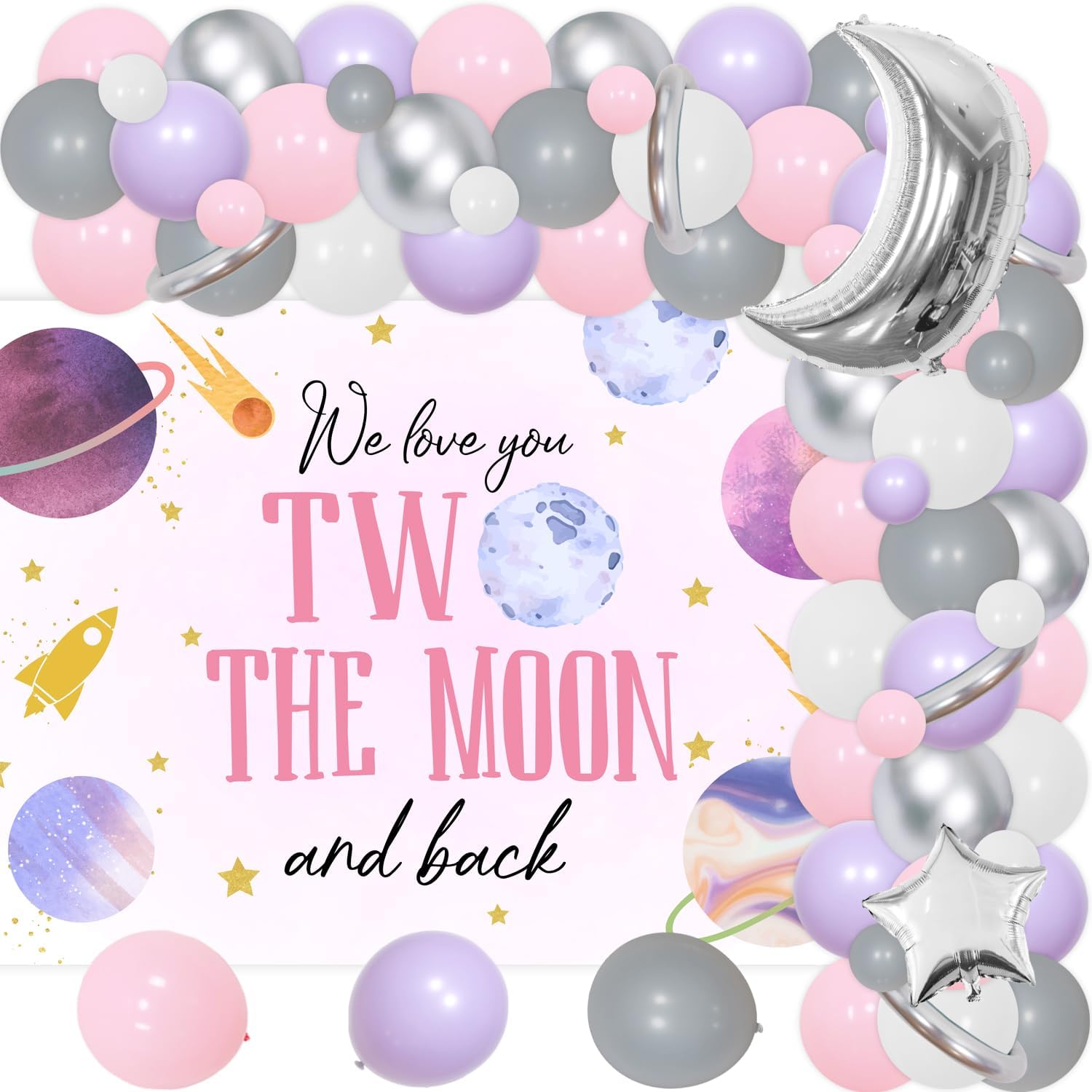 Amazon.com: 89Pcs Space Theme 2nd Birthday Decorations, Pink Two the ...