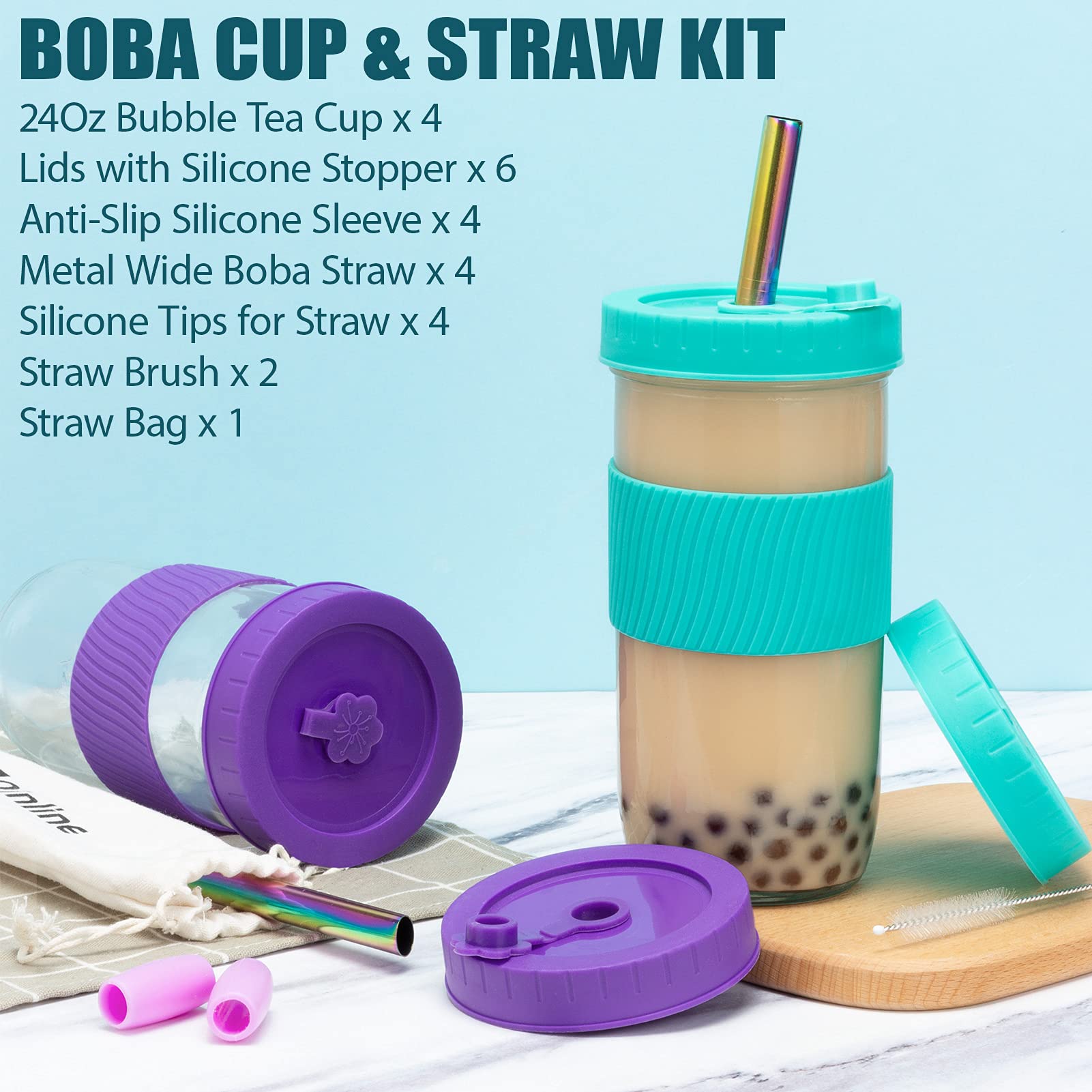 Reusable Boba Cup Bubble Tea Cup 4 Pack, 24Oz Wide Mouth Smoothie Cups ...