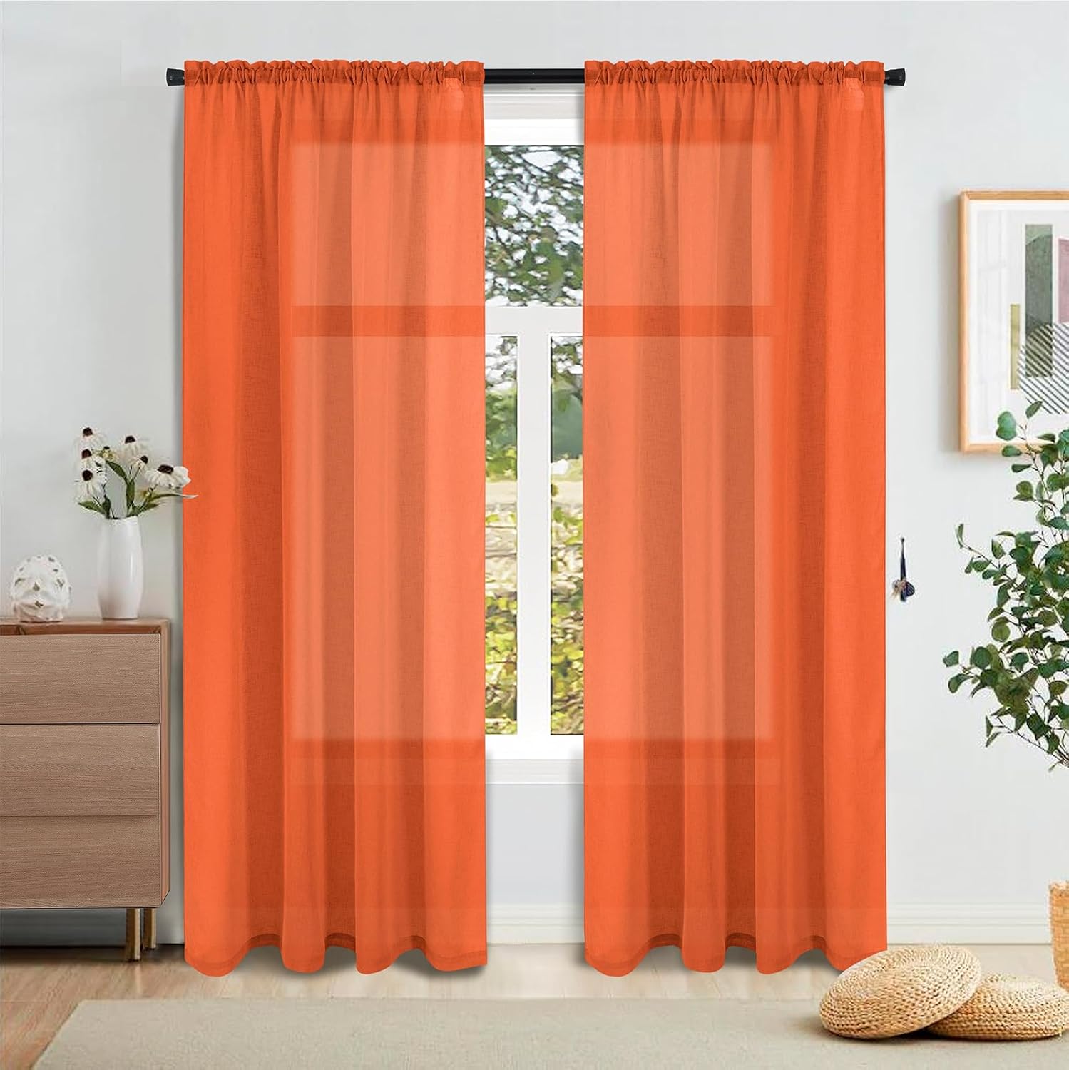 Amazon.com: Tony's collection Orange Sheer Curtains Faux Linen Textured ...