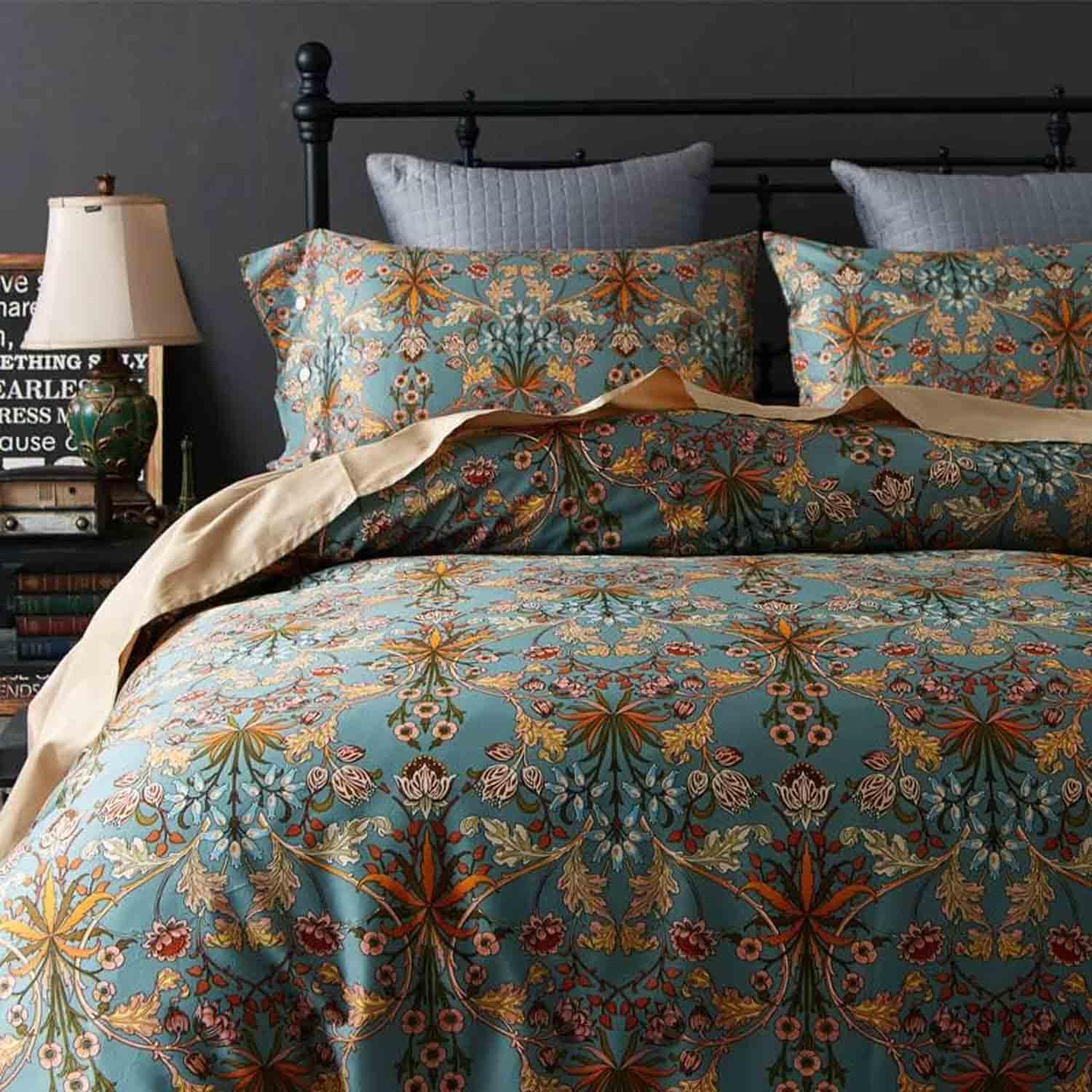 Amazon.com: Bohemian Duvet Cover Queen Size - Boho Paisley Green Floral ...