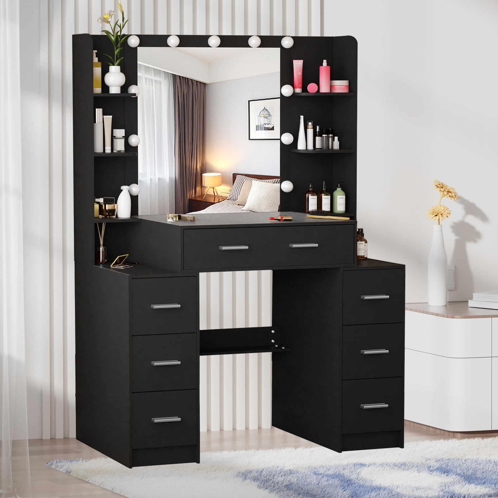 Amazon.com: Logimiz Black Vanity Desk with Mirror and Lights, LED ...