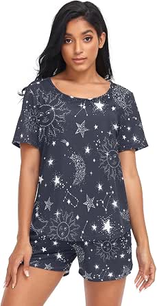 linqin Women Pajamas Sets Short Sleeve Starry Night Star Sun Moon ...
