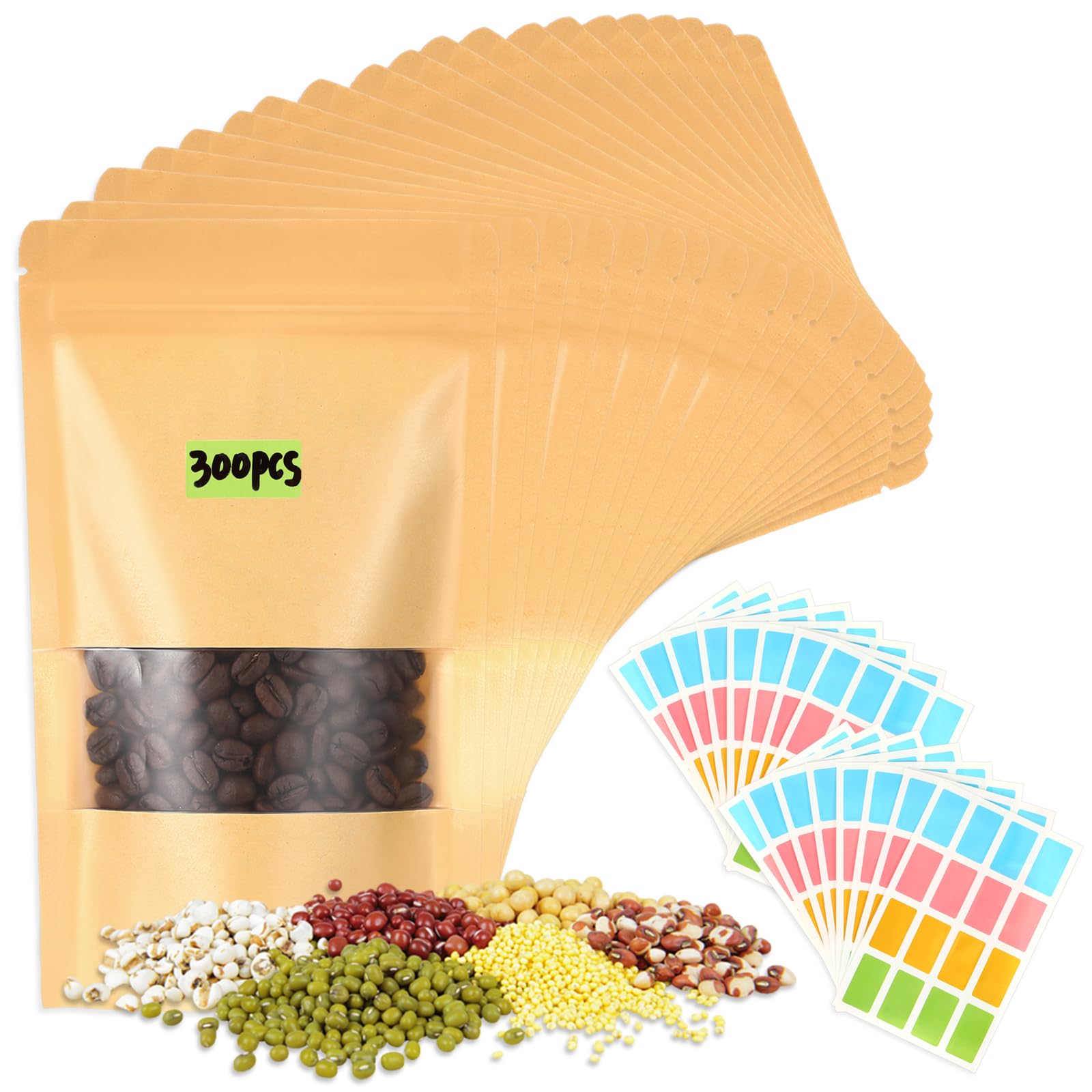 Amazon.com: Ctosree 300 Pcs Kraft Pouch with Window Bulk Kraft Stand up ...