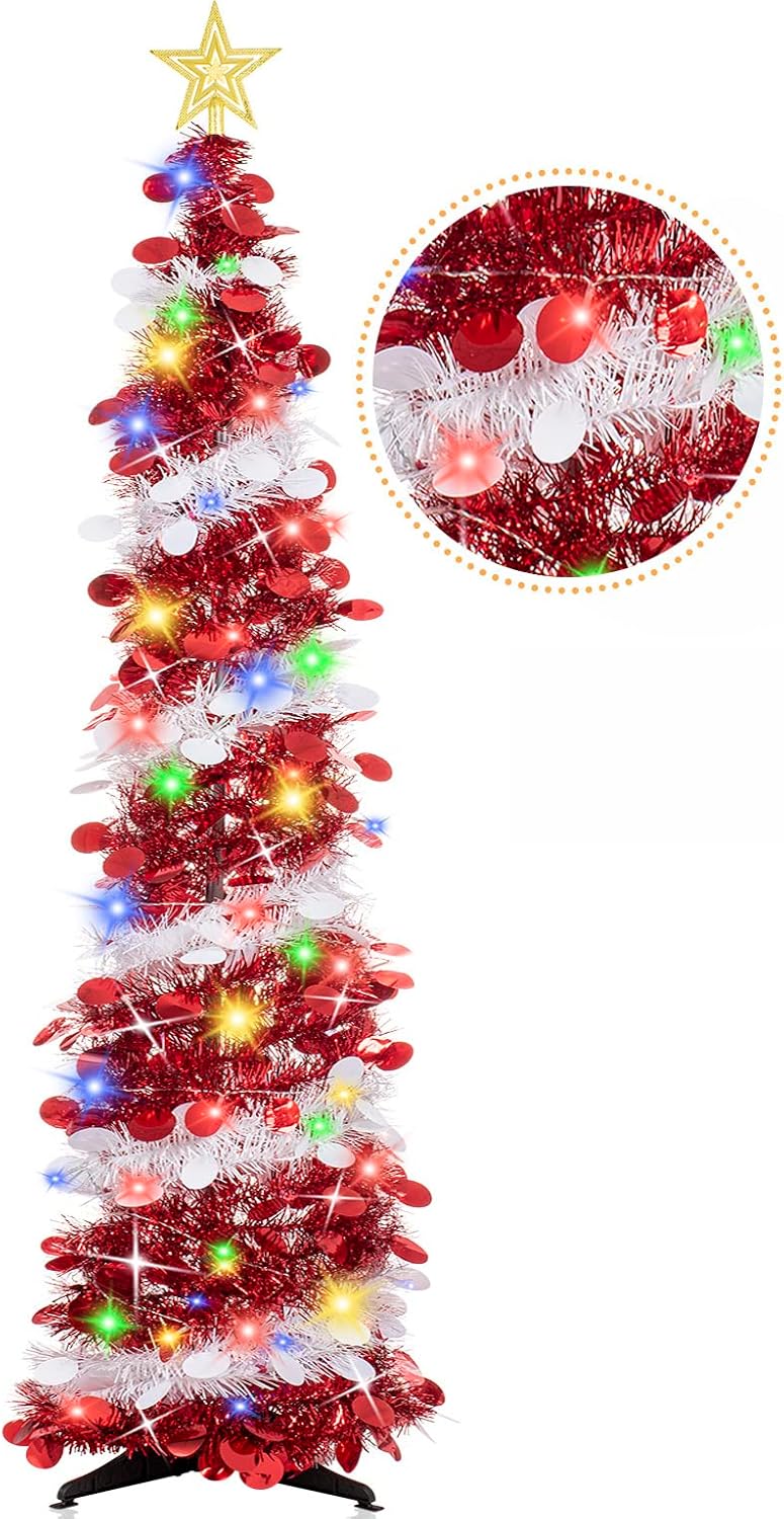 Amazon.com: HMASYO Pop Up Tinsel Christmas Tree with 50 Colorful LED ...