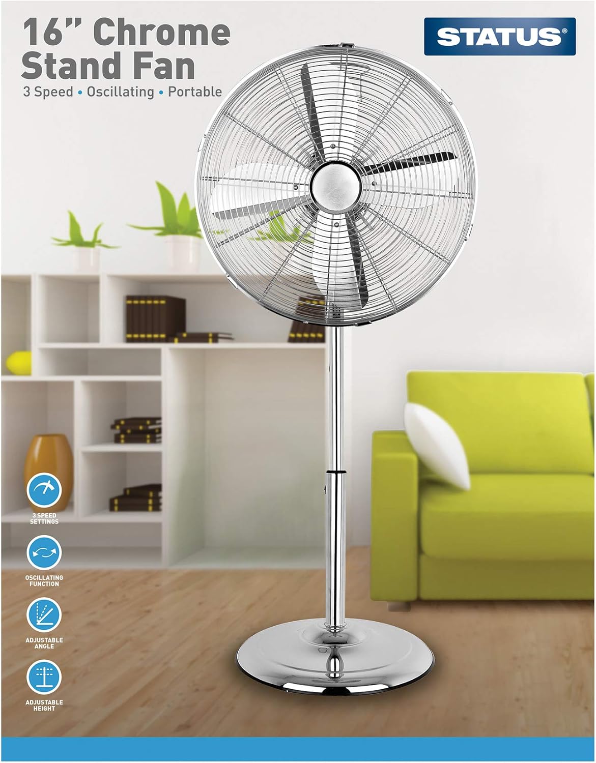 Status Standing Fan | 16 Inch Oscillating Portable Fan | 3 Speed ...