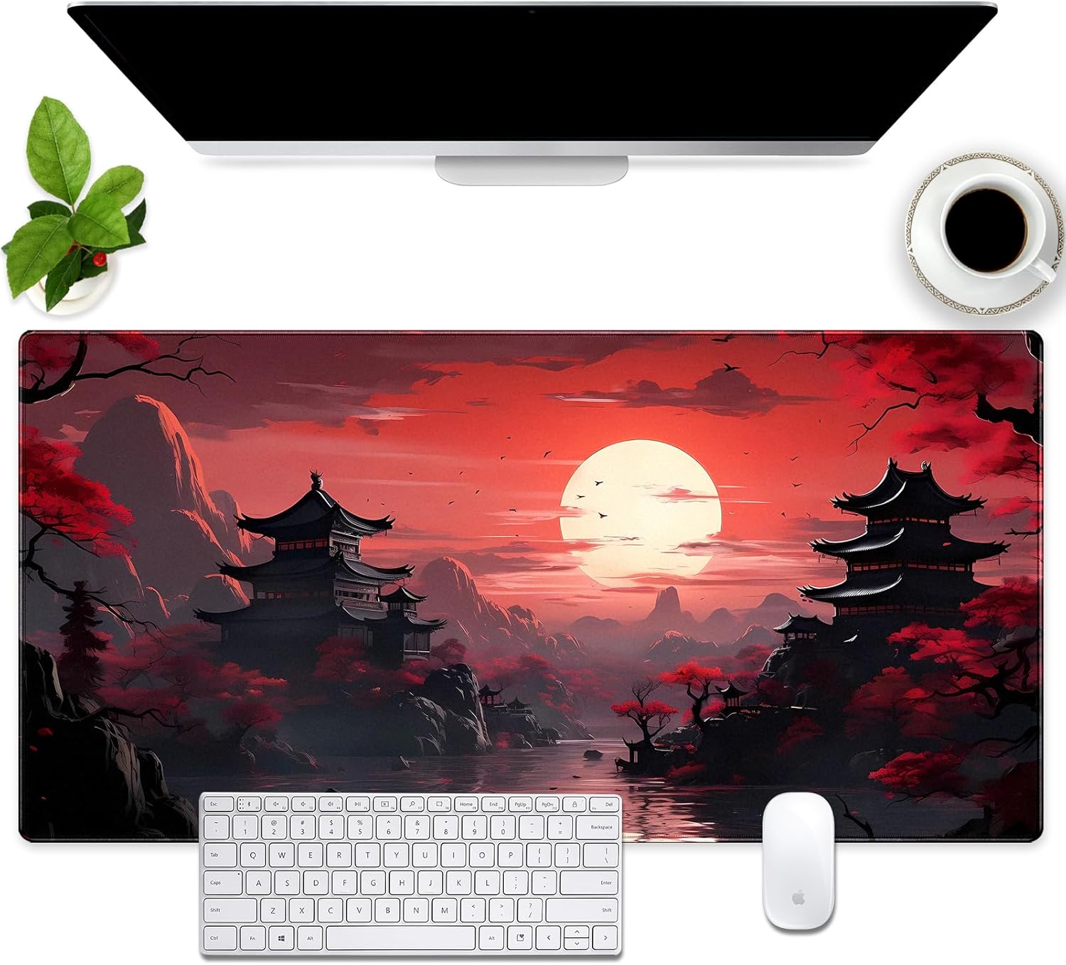 Amazon.com : WUNPVTY Japanese Cherry Blossoms Desk Mat Full Moon Desk ...