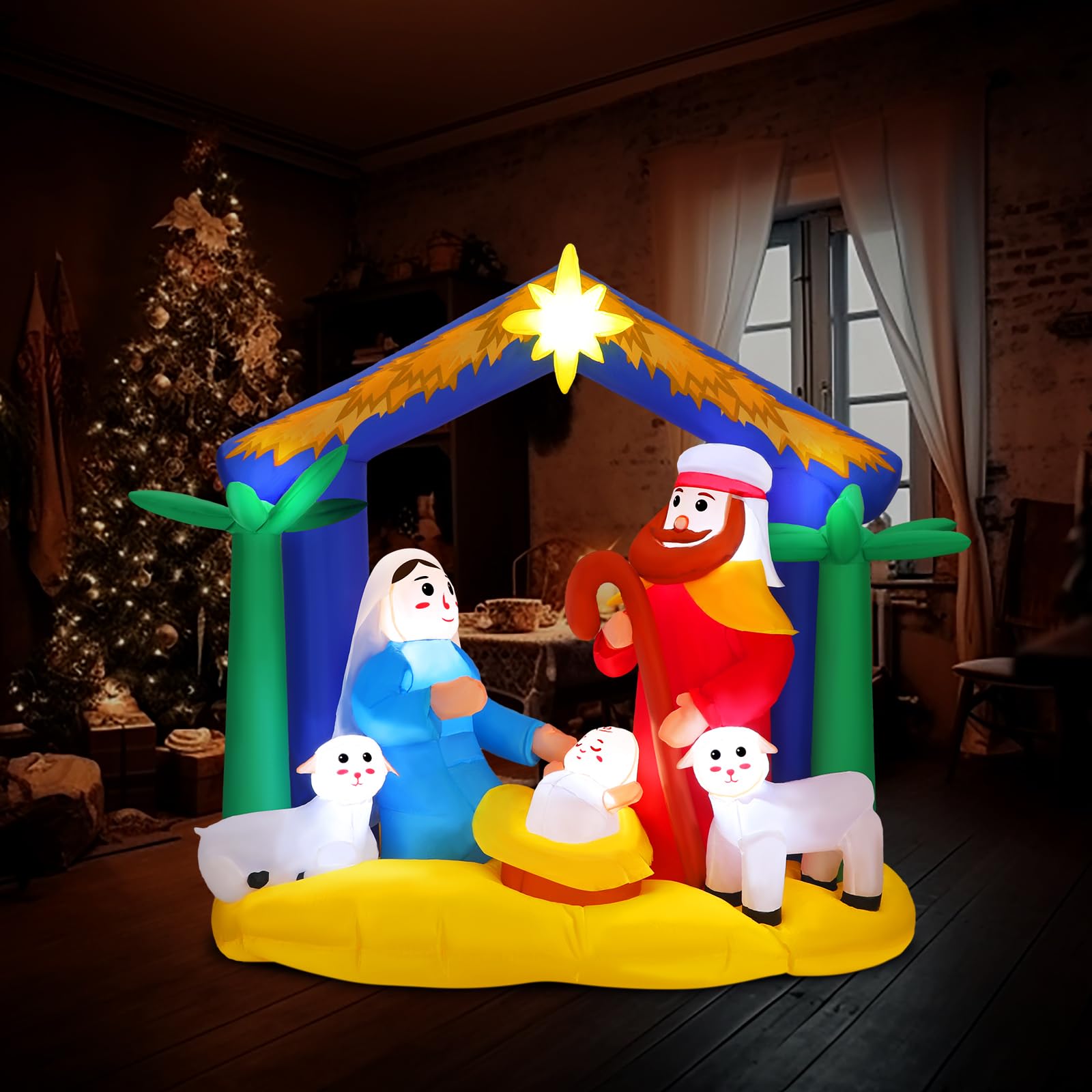 Shappy 6.6 ft Christmas Inflatable Nativity Scene Outdoor Built in LED ...