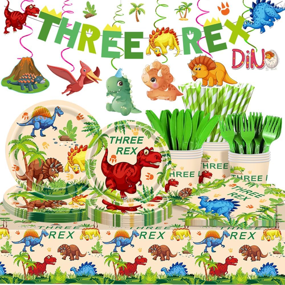 Amazon.com: 176pcs Three Rex Birthday Decorations Boy, Dinosaur 3rd ...