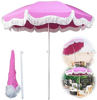 Amazon.com : Sunshade Pink Outdoor Patio Umbrella W/Tilt 6ft Fringed ...