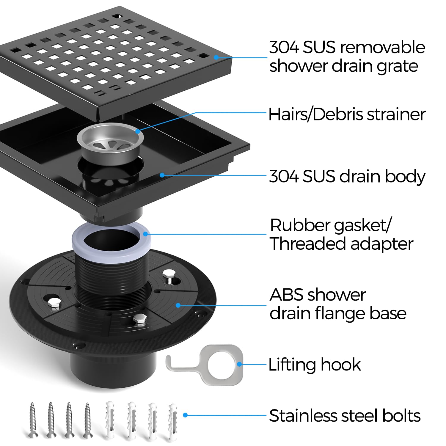 Snapklik.com : Zaa 6 Inch Square Shower Drain, Bathroom Floor Drain ...