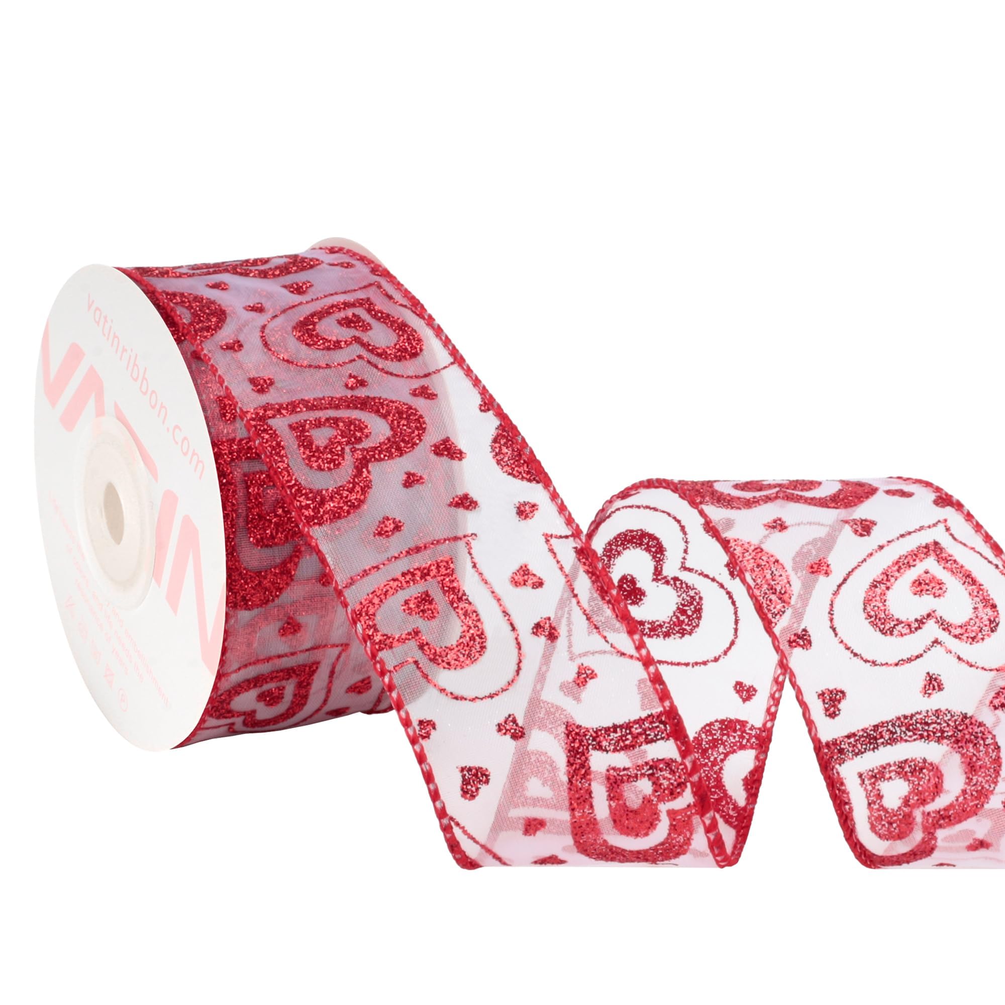 Amazon.com: VATIN Valentine's Day Ribbon, Glitter Red Hearts Sheer ...