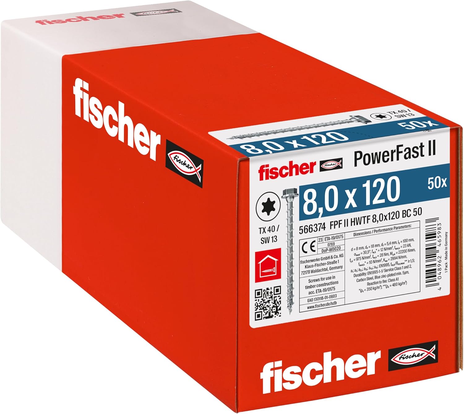 fischer PowerFast II HWTF 8.0 x 120, Powerful Wood Screws with Hex Head ...