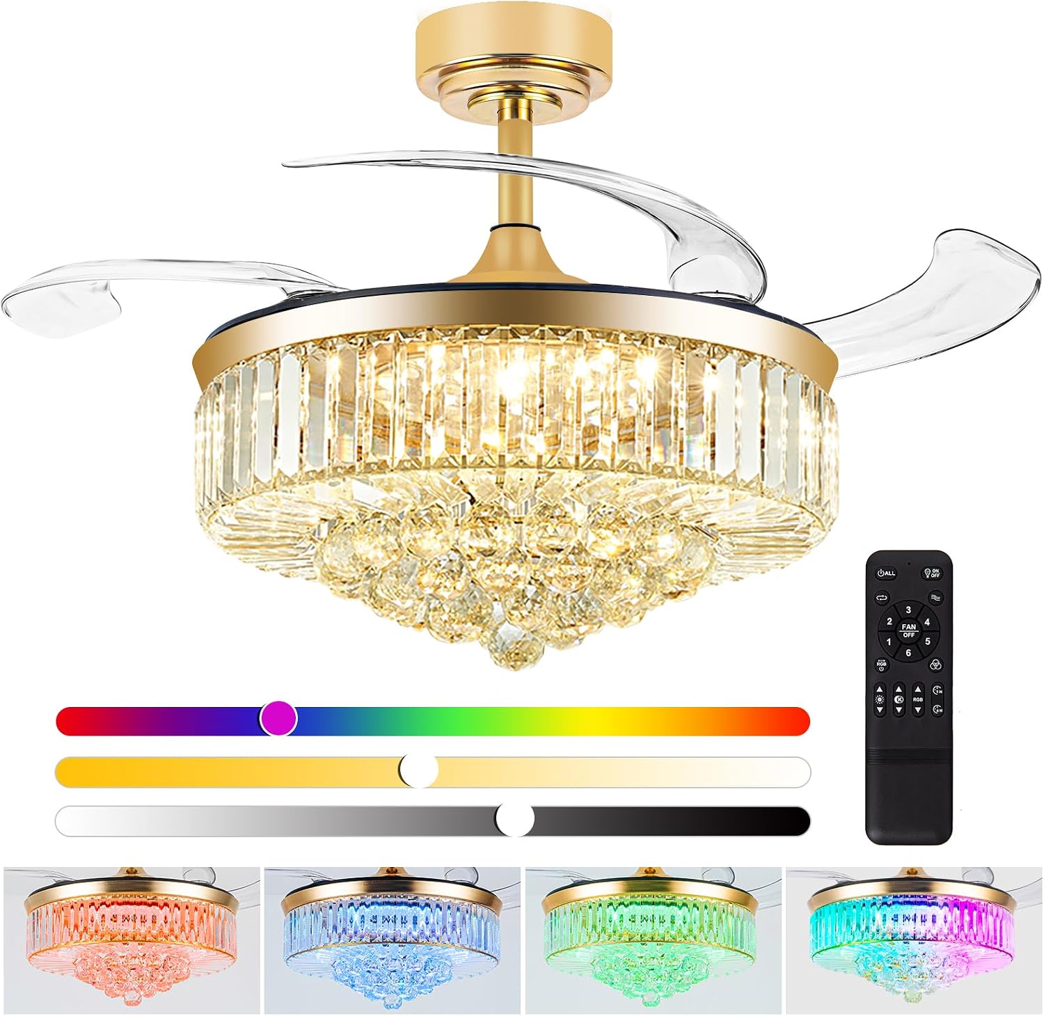 Amazon.com: Yoedivu 42 Inch Chandelier Ceiling Fan, Retractable Crystal ...
