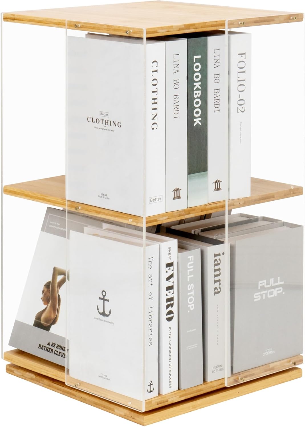 MYOYAY 360°Rotating Bookshelf 2 Tier Small Bookshelf with Doors Acrylic ...