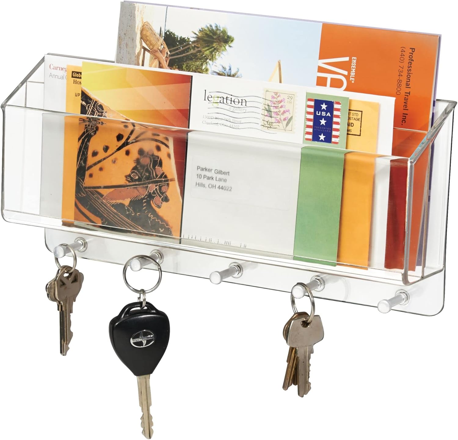 mDesign Double Mail Holder with Key Hooks - Modern and Practical Solid ...