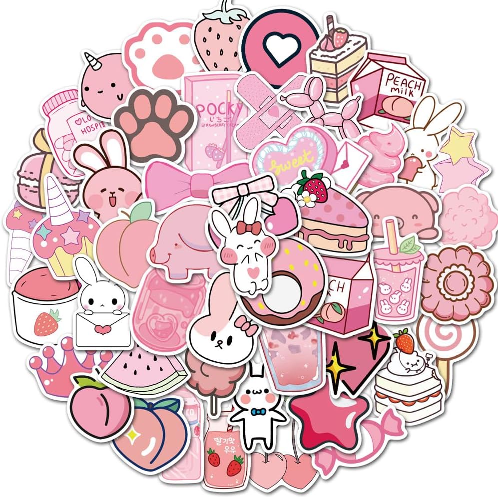 50 Pcs Pink Cute Stickers Pack, Pink Preppy Stickers Aesthetic Self ...