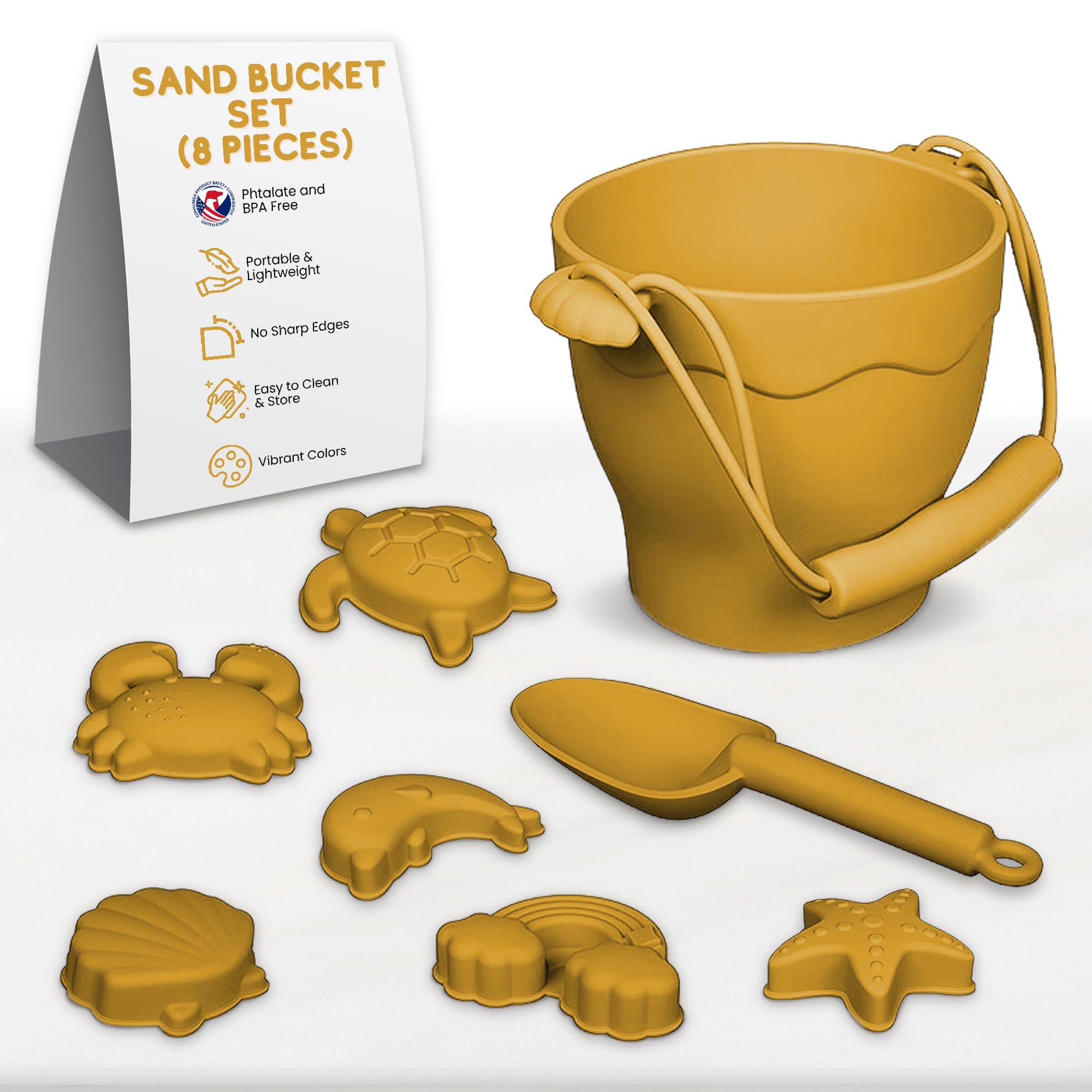 Silicone Baby Beach Toys (Mustard) | Set of 8 Kids Beach Toys Set ...