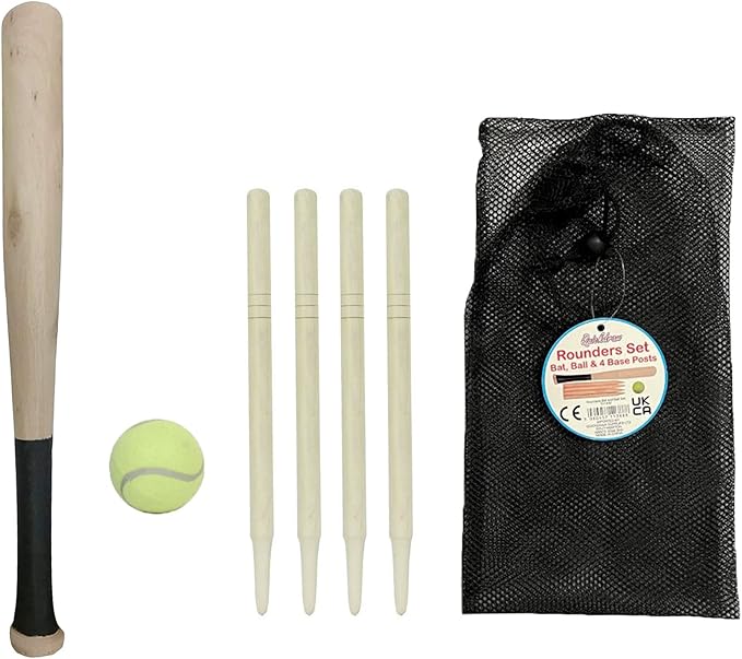 Quickdraw 6 Piece Wooden Rounders Bat and Ball Set with Stumps in Mesh ...