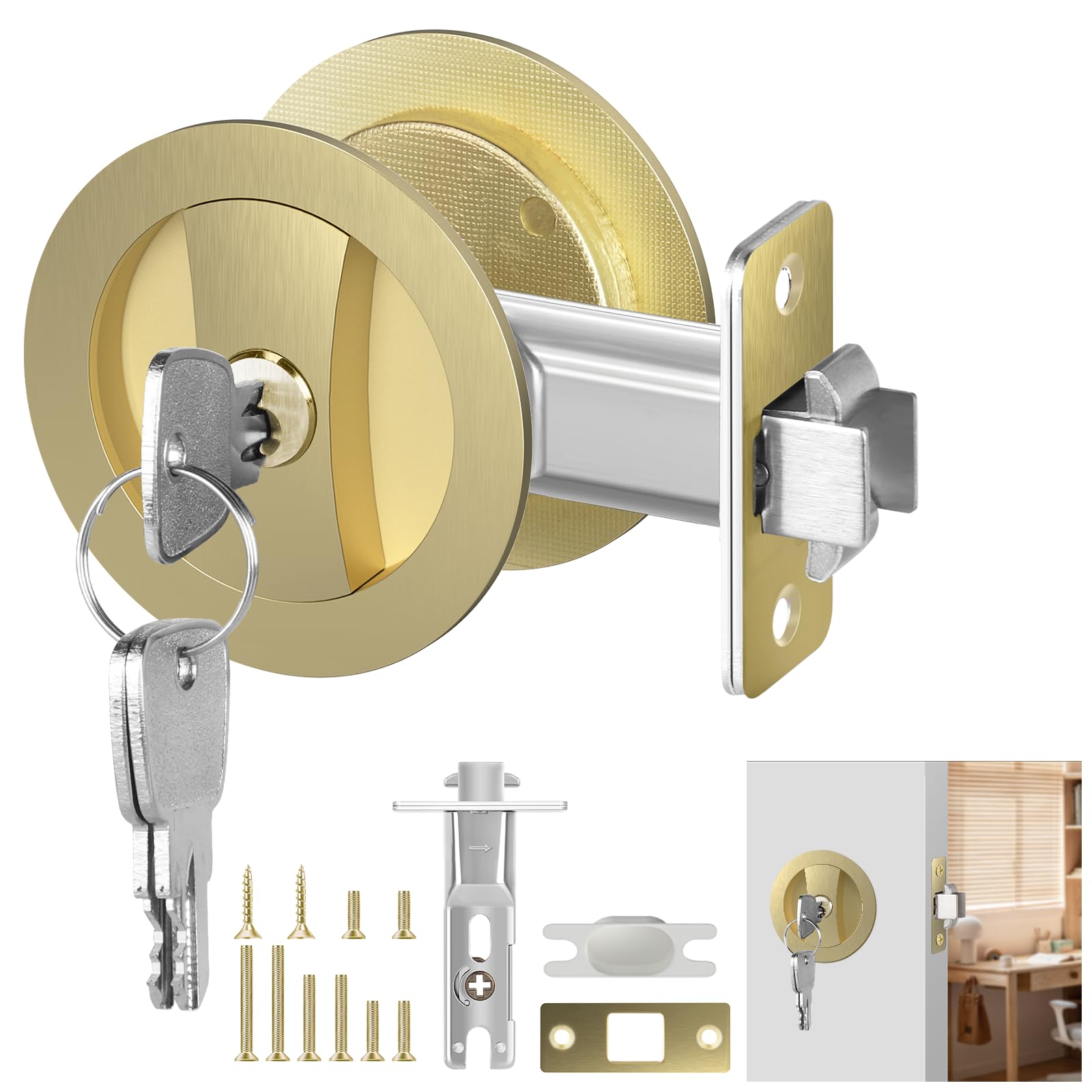 Snapklik.com : Aglehome Round Pocket Door Lock - Brass Recessed 2 Sided ...