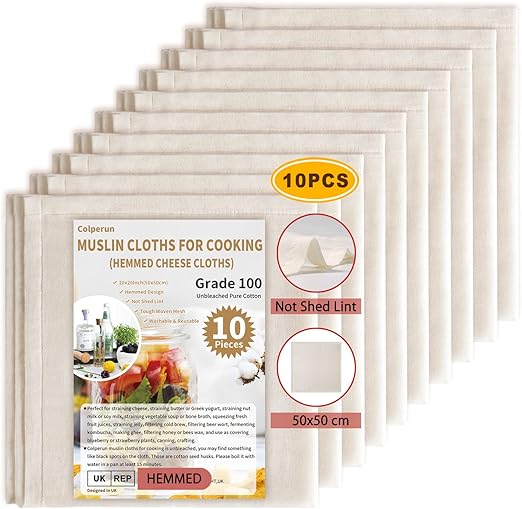 Colperun Cheesecloth, 10PCS, Grade 100, 50x50cm Hemmed Muslin Cloths ...