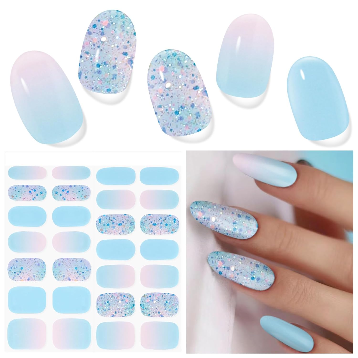 Amazon.com: DUKASOU Semi Cured Gel Nail Strips (Summer Blue), 28 pcs UV ...