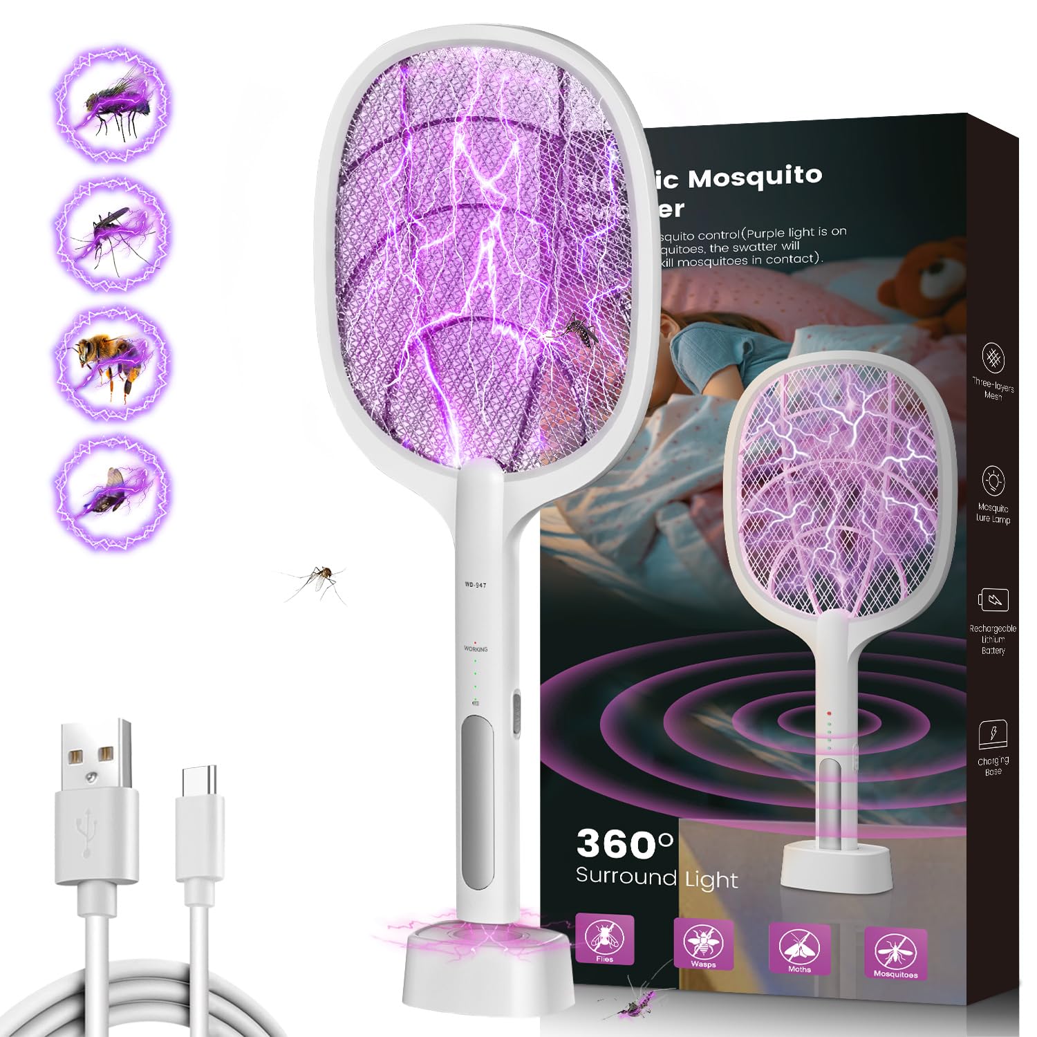 STORMHERO Electric Fly Swatter Zapper, Mosquito Swatter Racket Bug ...