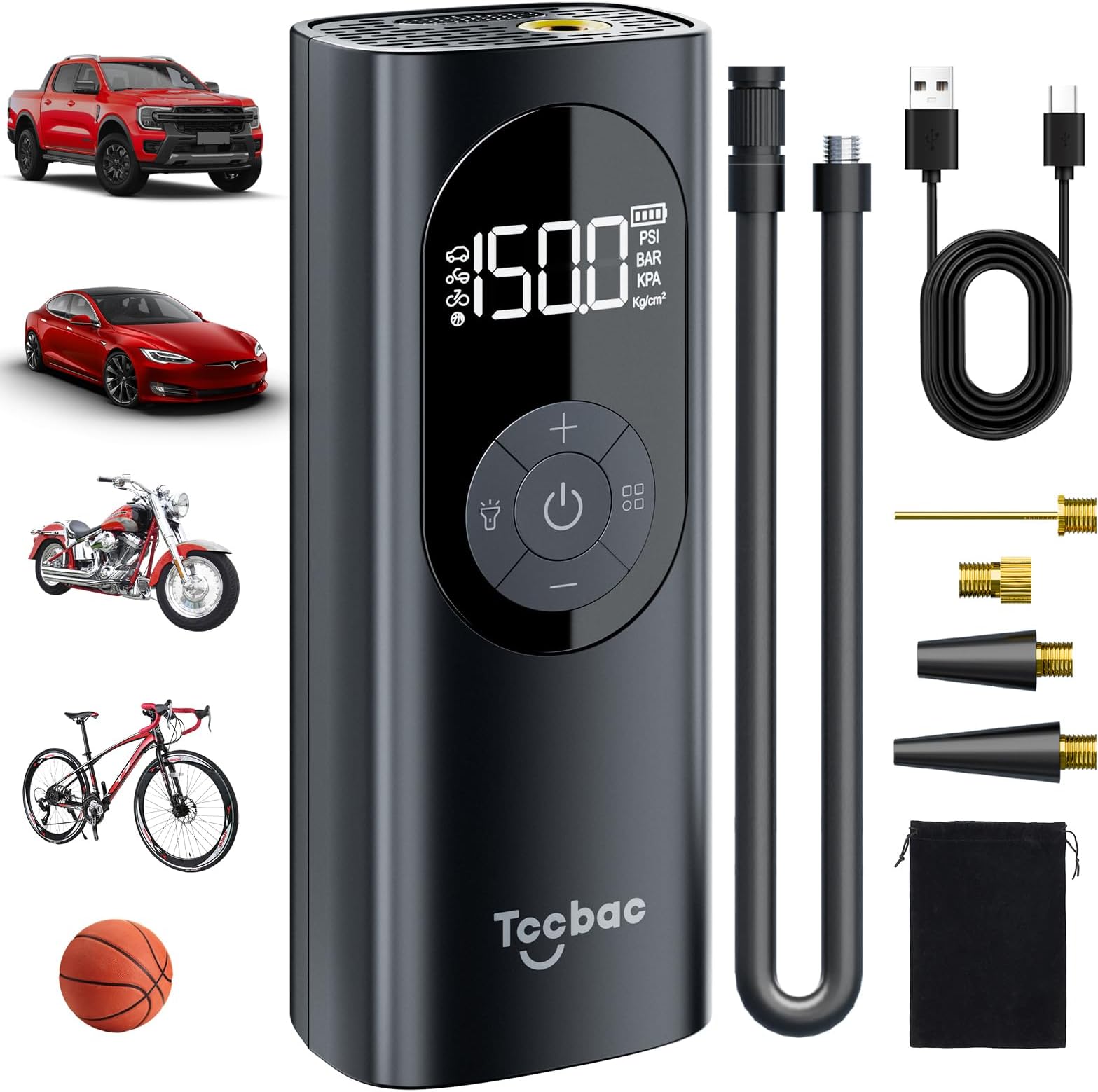 Tccbac Tyre Inflator Portable Air Compressor,Electric Bike Pump with ...