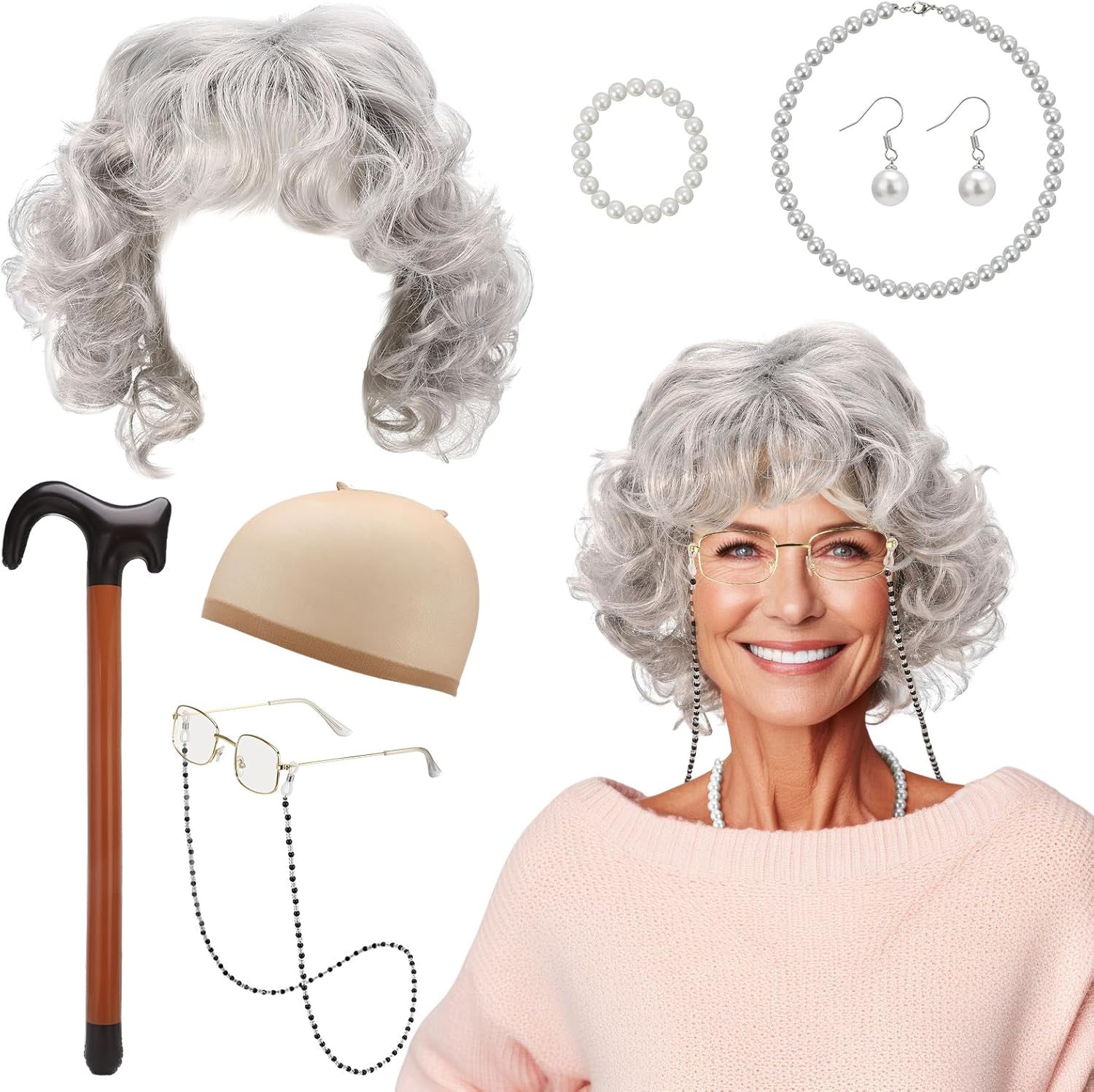 HEQU 9 Pcs Old Lady Costume Set Grandma Granny Wig Cosplay Set Old Lady ...