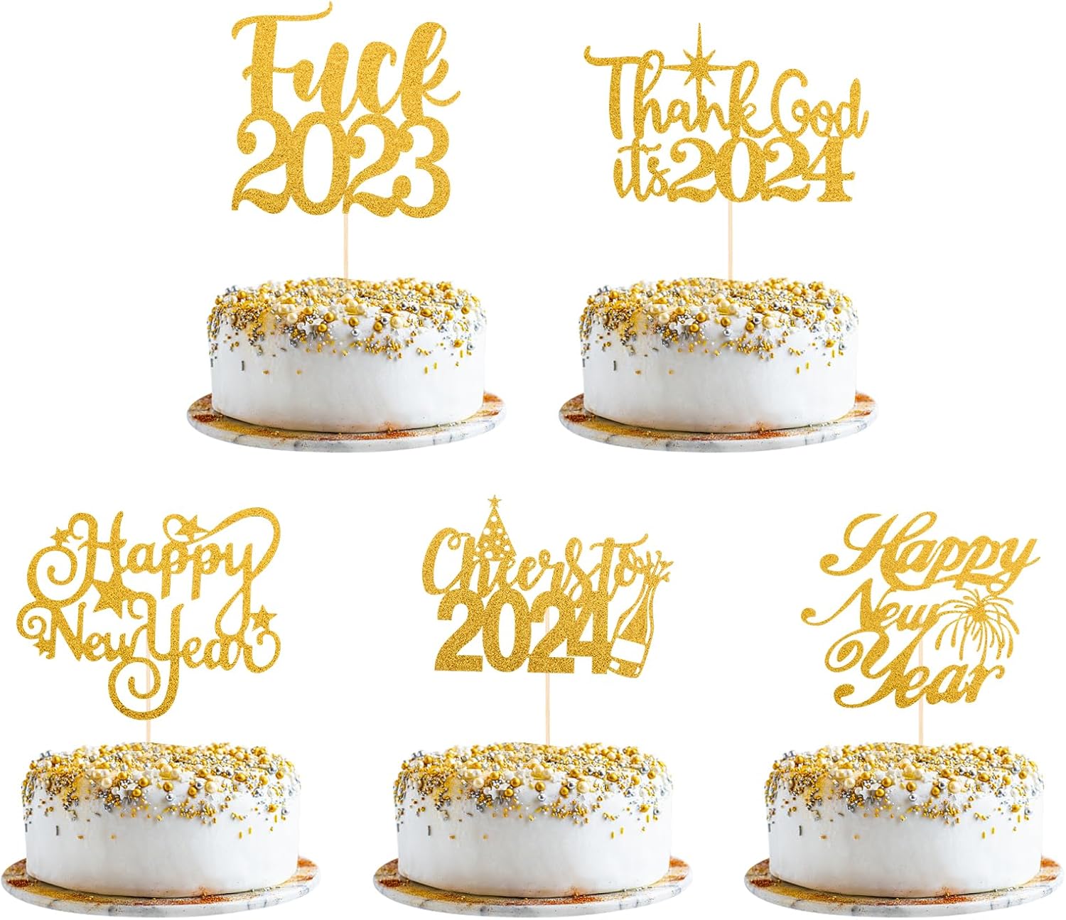 5 PCS Happy New Year Cupcake Toppers 2024 Happy Year Gold Glitter ...