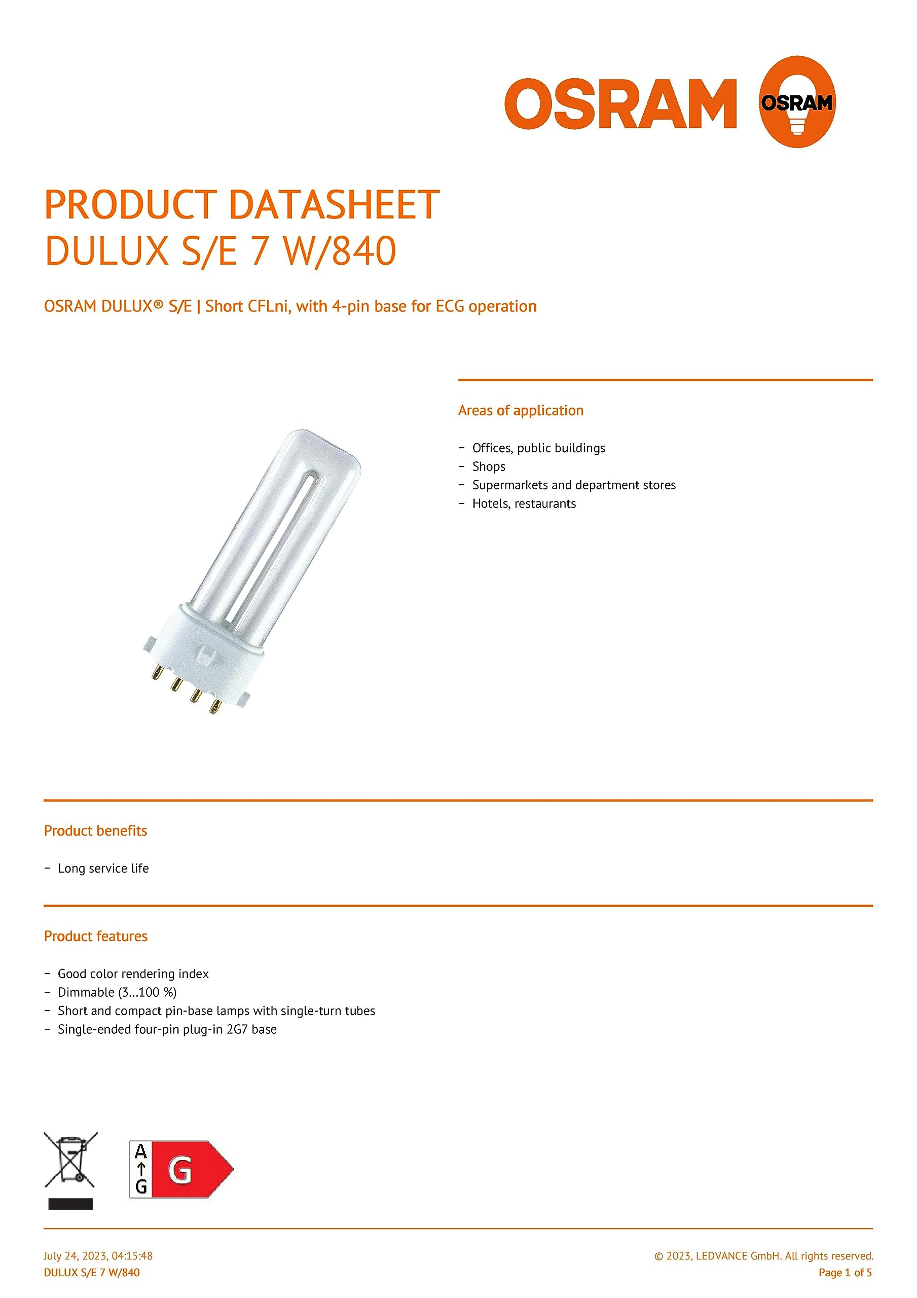 Dulux SE 4 Pin 7W 840 Osram 7 Watt : Amazon.co.uk: Lighting
