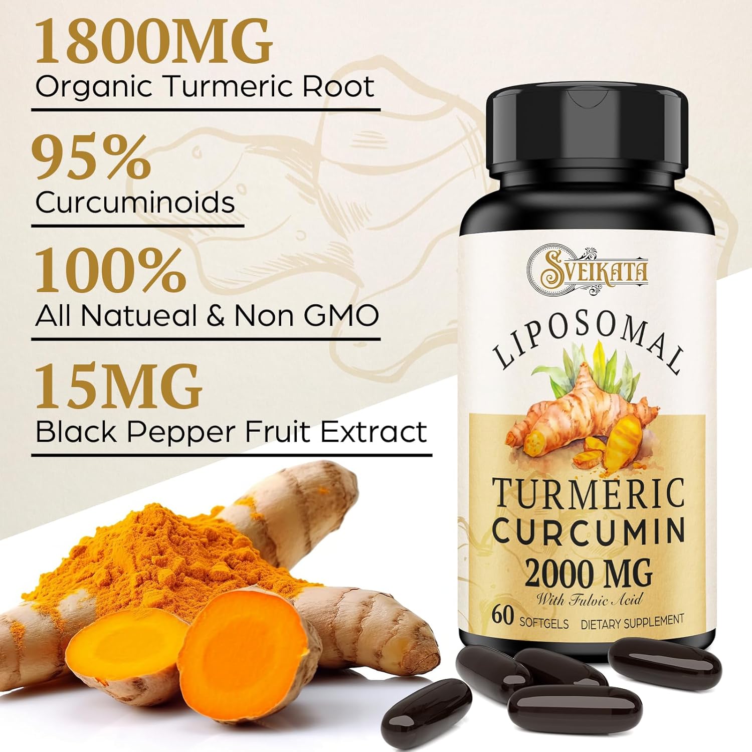 Suplemento de curcumina de cúrcuma liposomal de 2000 mg, extracto ...