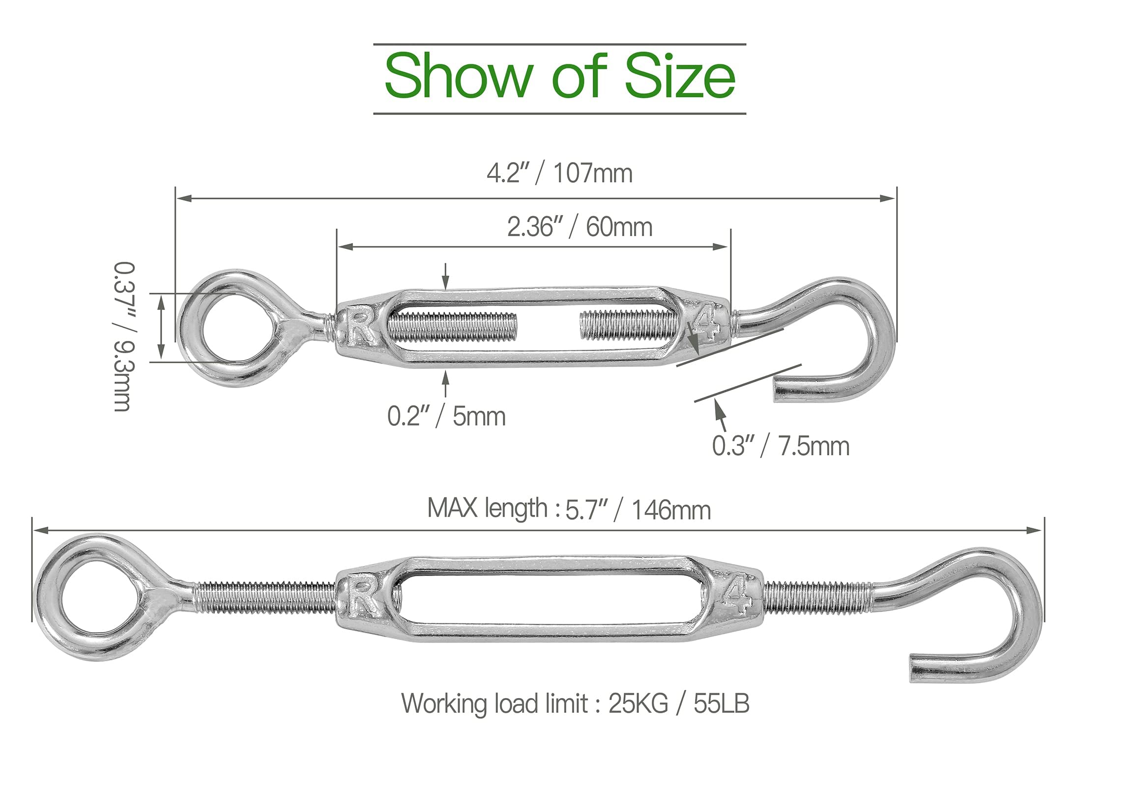 Snapklik.com : 3PCS M4 Hook & Eye Turnbuckle 304 Stainless Steel ...