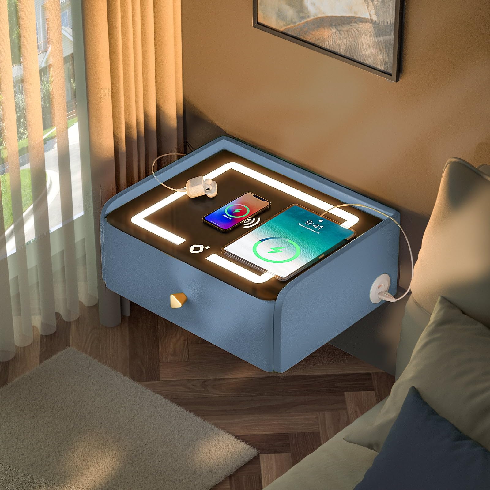 Smart Nightstand Floating Bedside Table LED Nightstand with Charging ...