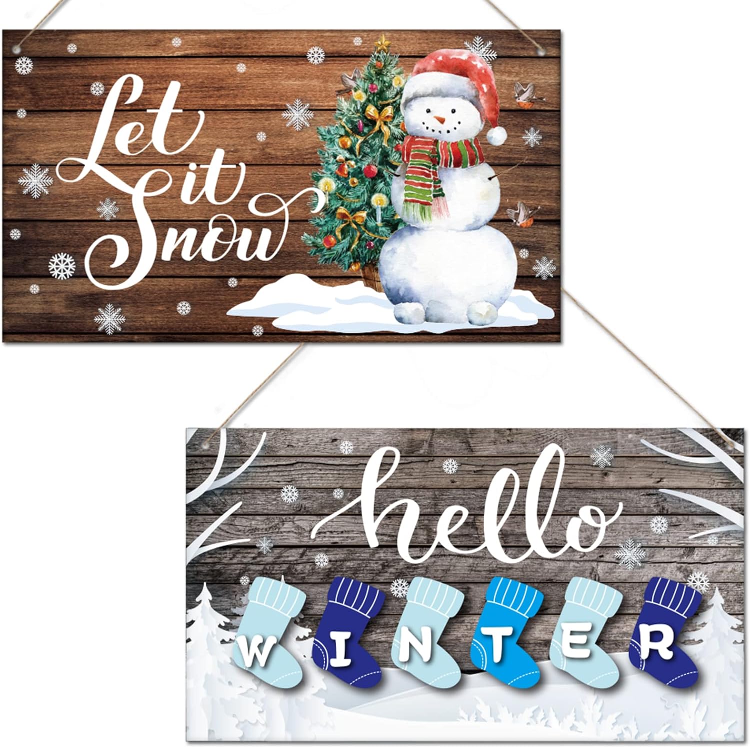 Amazon.com: 2pcs Hello Winter Wooden Signs Plaques and Let It Snow Door ...