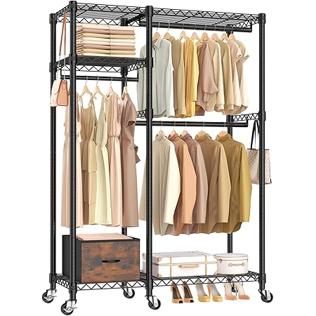 Amazon.com: Memobarco Heavy Duty Clothes-Rack with Shelves, Rolling ...