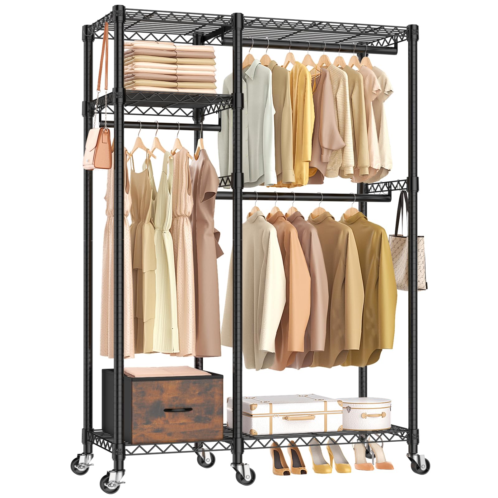 Buy Memobarco Heavy Duty Clothes-Rack with Shelves, Rolling Garment ...