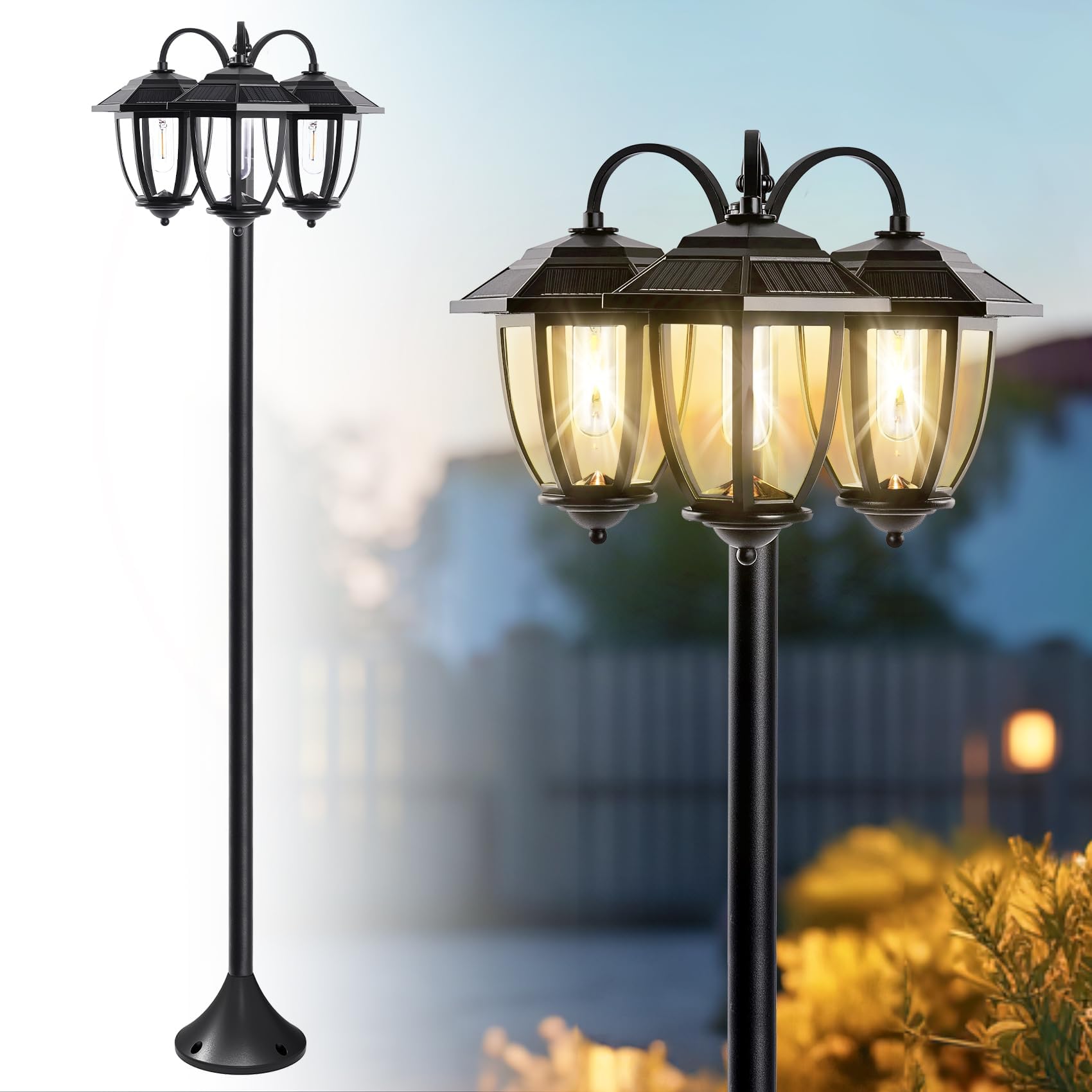 Solar LED Lamp Post and Planter with Three Outdoor Solar Lights, Black ...