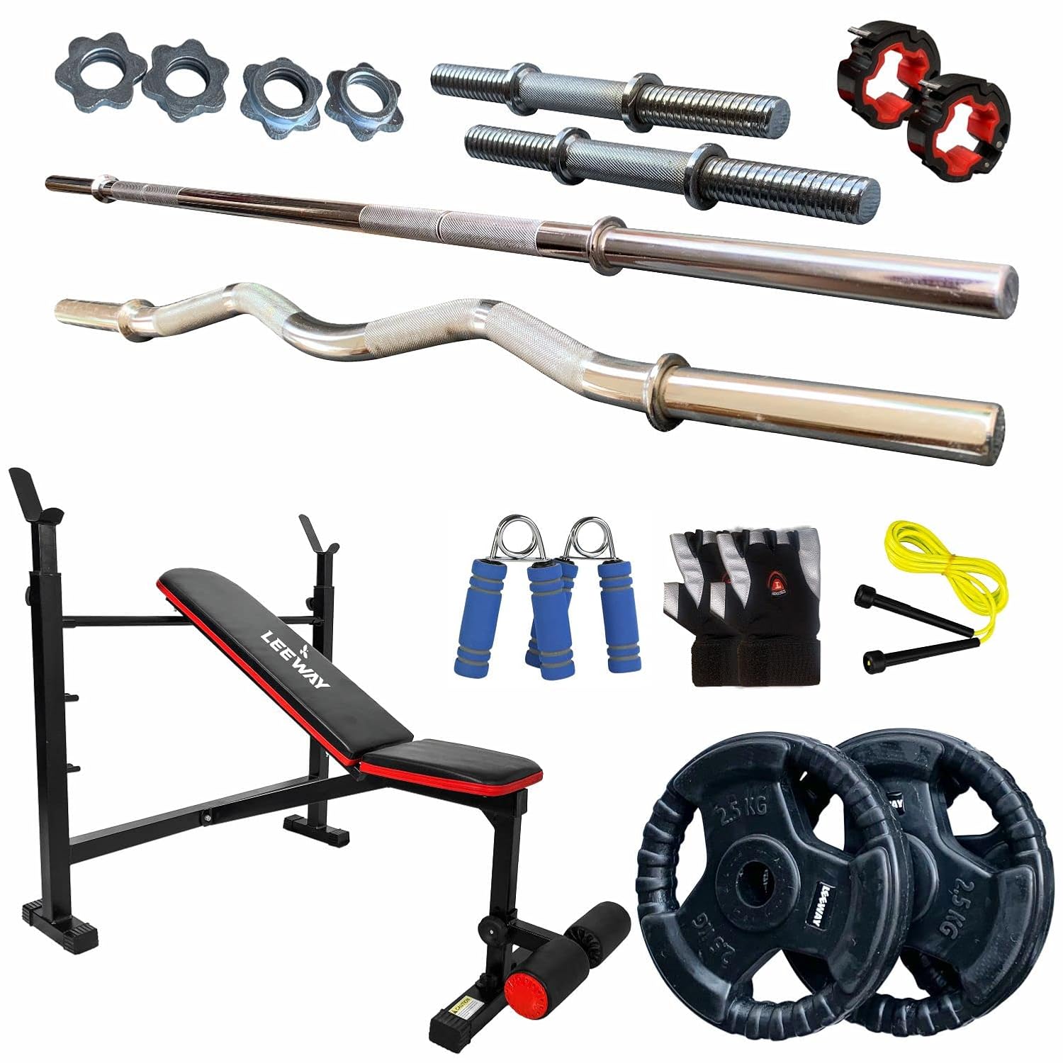 Leeway Rubber Coated 40Kg Home Gym Set with 5ft Plain + 3ft Curl & 1 ...