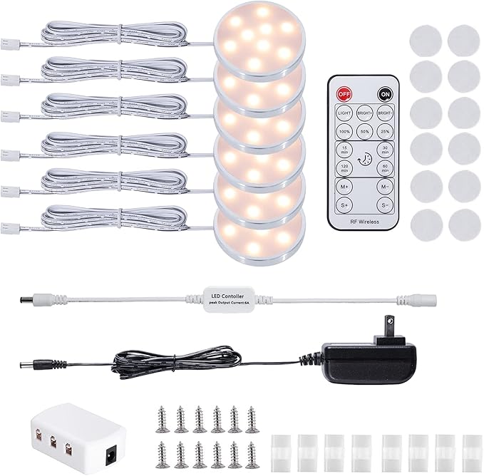 LED Dimmable Under Cabinet Lighting Kit,12V 6 Pack Wired Puck Lights ...