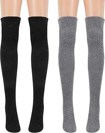 QKURT Fluffy Knee High Socks, 2 Pairs Winter Warm Thigh High Socks ...
