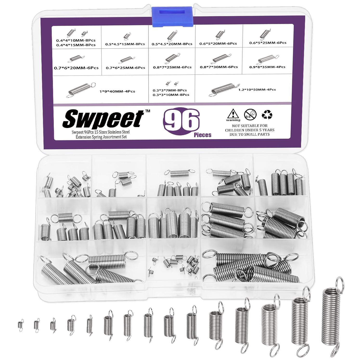Swpeet 96Pcs 15 Different Sizes Stainless Steel Extension Spring with a ...