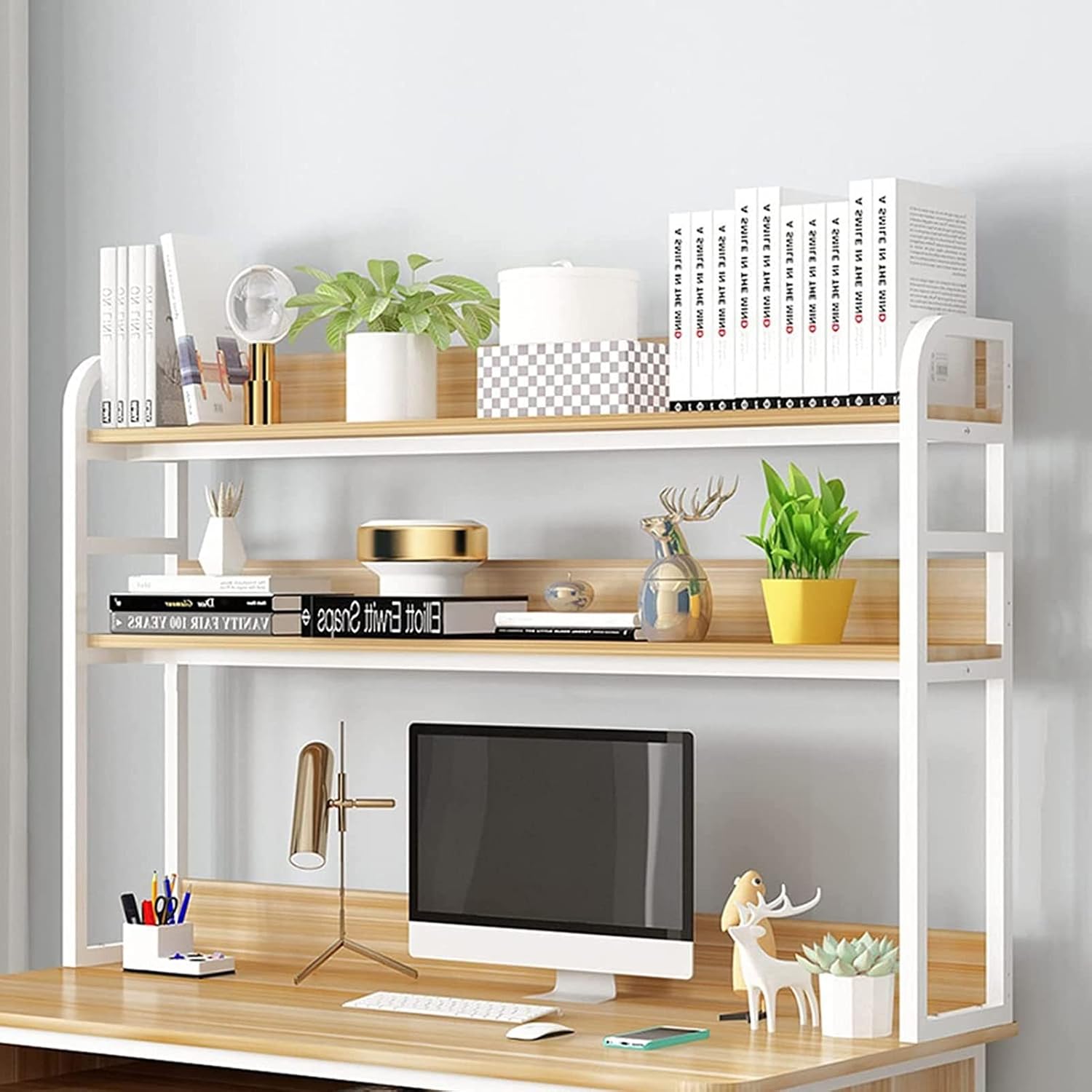 Amazon.co.jp: 2 Tier Desktop Bookcase for Computer Desk, Adjustable ...