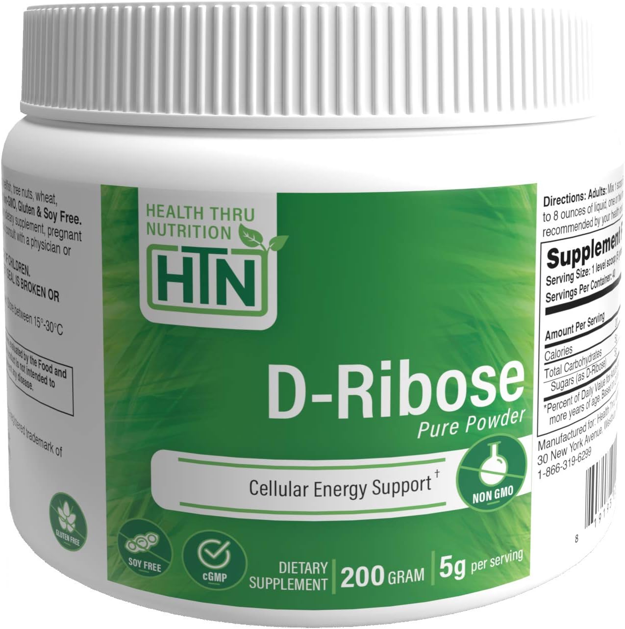 D-Ribose Pure Powder 200g Jar (5g per Serving) Non-GMO/Soy-Free/Gluten ...
