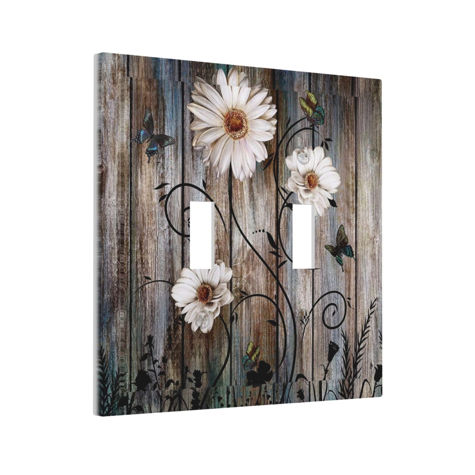 Rustic Plank Texture Floral Butterfly Daisy 2 Gang Double Toggle Wall ...