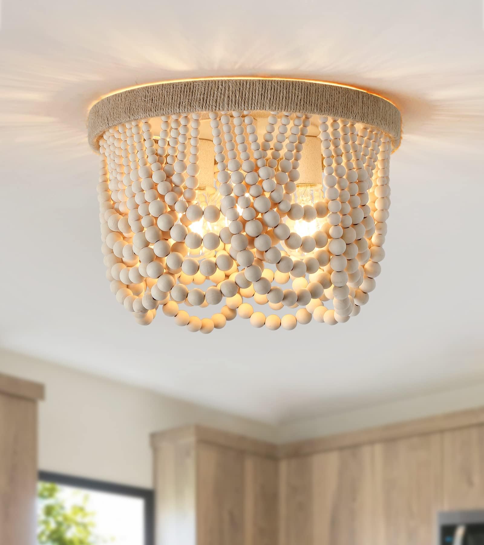 Modxian Boho Wood Beaded Ceiling Light Fixture, 3 Light White Farmhouse ...