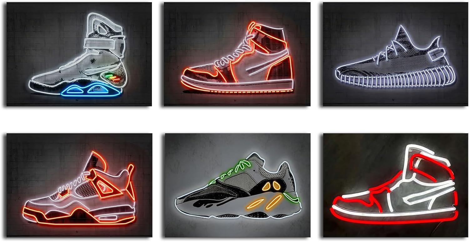 Amazon.com: 6Pcs Neon Effect Sneakers Wall Art Neon Sneaker Teen Art ...