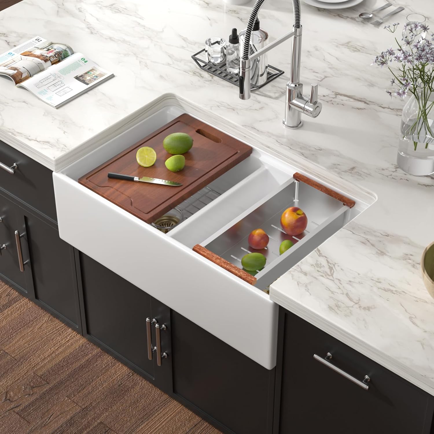 Couoko Farmhouse Sink 33 Inch White Double Bowl Workstation Farm Sink ...