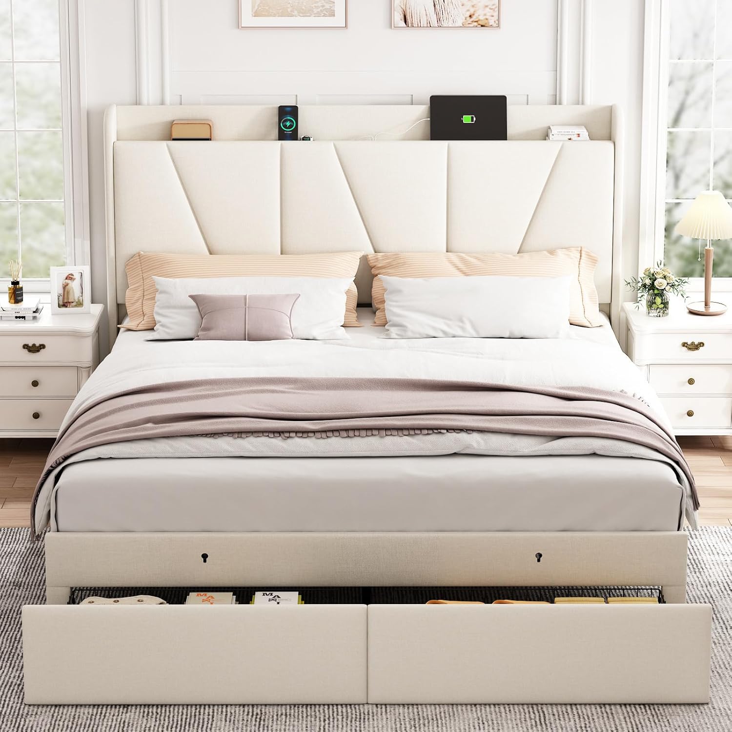 Amazon.com: PNZOZO Queen Bed Frame with Headboard and Storage ...